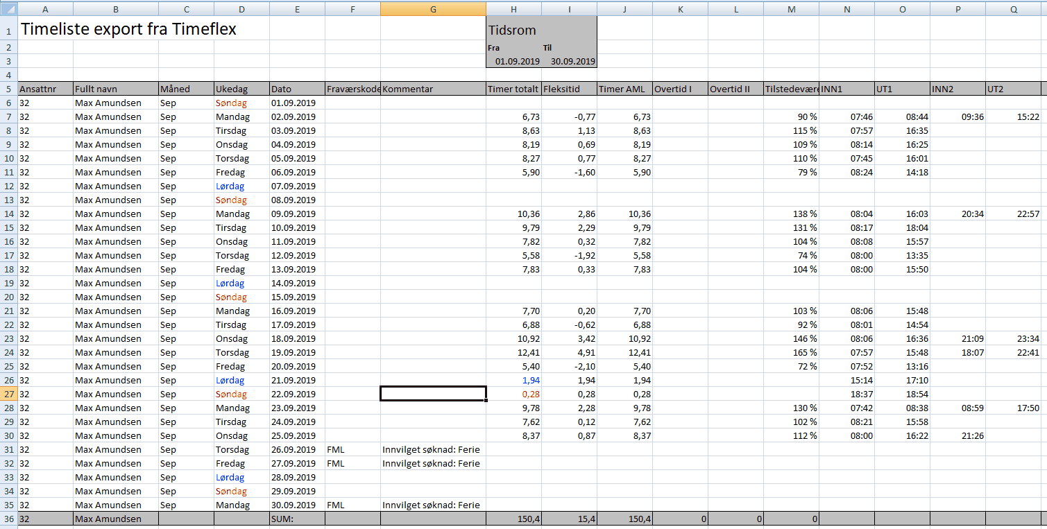 Verktøy menyen > Timeflex Pluss rapporter > Timeliste export